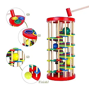 ROLENUNE Wooden Ball Drop Toy Kids Pounding Bench Hammer Pound Roll Ramp Toys Children Educational Montessori Gift for 3 4 5 Years Old Babies and Toddlers