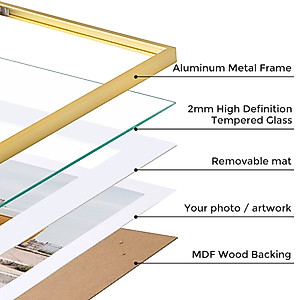 16x20 Metal Picture Frame with 11x14 Mat, Brushed Aluminum Finish, Tempered Glass Front, and Attached Hanging Hardware(Gold, Pack of 1)