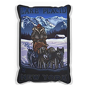 Lake Placid New York Sled Dogs Canvas Throw Pillow for Couch or Sofa at Home & Office from Travel Artwork by Artist Paul A. Lanquist 13" x 19".
