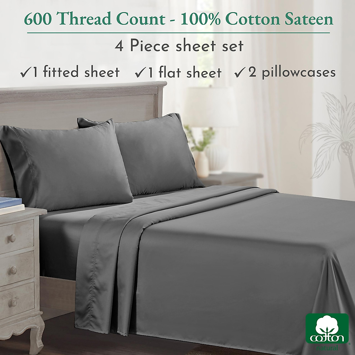 California Design Den Luxury Queen Size Sheet Set - 100% Cotton, 600 Thread Count Deep Pocket Queen Sheets, Hotel-Quality Bedding with Sateen Weave - Grey