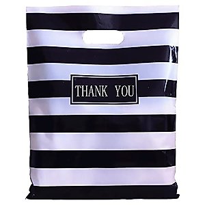 Thank You Merchandise Bags,Daarcin 100pcs 12x16in Shopping Bag,Black and White Stripes Die Cut Plastic Bags with Handle for Boutique,Party,Goodie Bags,Stores,Clothes, Reusable Retail Bags for Bussiness