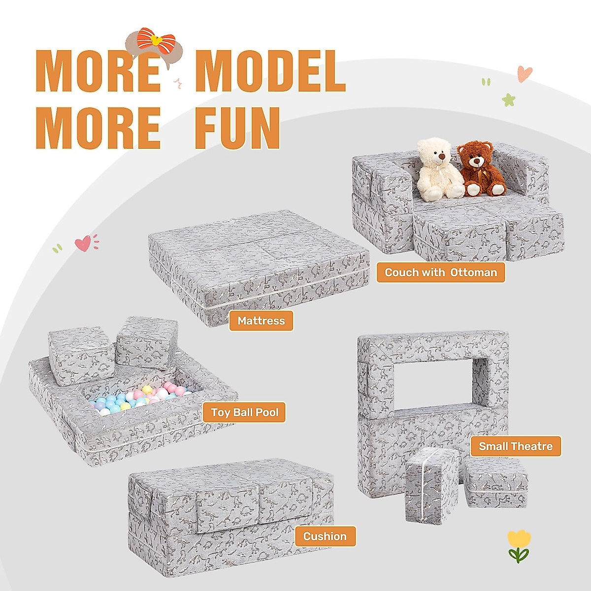 ALIMORDEN 3-in-1 Modular Toddler Couch, Glow-in-The-Dark Dinosaurs Flip Out Kids Couch, Nugget Couch with Two Ottomans and Side Pocket for Boys and Girls, Grey