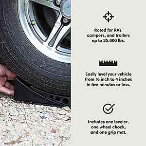 LogicBlue Technology LevelMatePro Curved RV Leveling Ramp - Single Pack with Wheel Chock and Grip Mat - Adjustable, Durable, and Compact for Easy Leveling on The Go