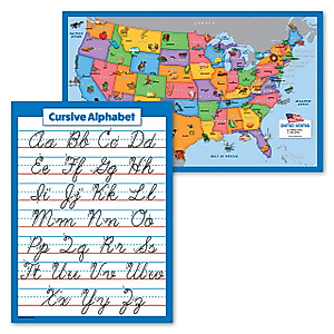 2 Pack - USA Map for Kids [Illustrated] + Cursive ABC Alphabet Poster (LAMINATED, 18" x 29")