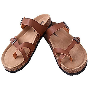 OUTWOODS Women's Bork-30 Vegan Leather Slide On Toe Loop Sandals, Brown 10
