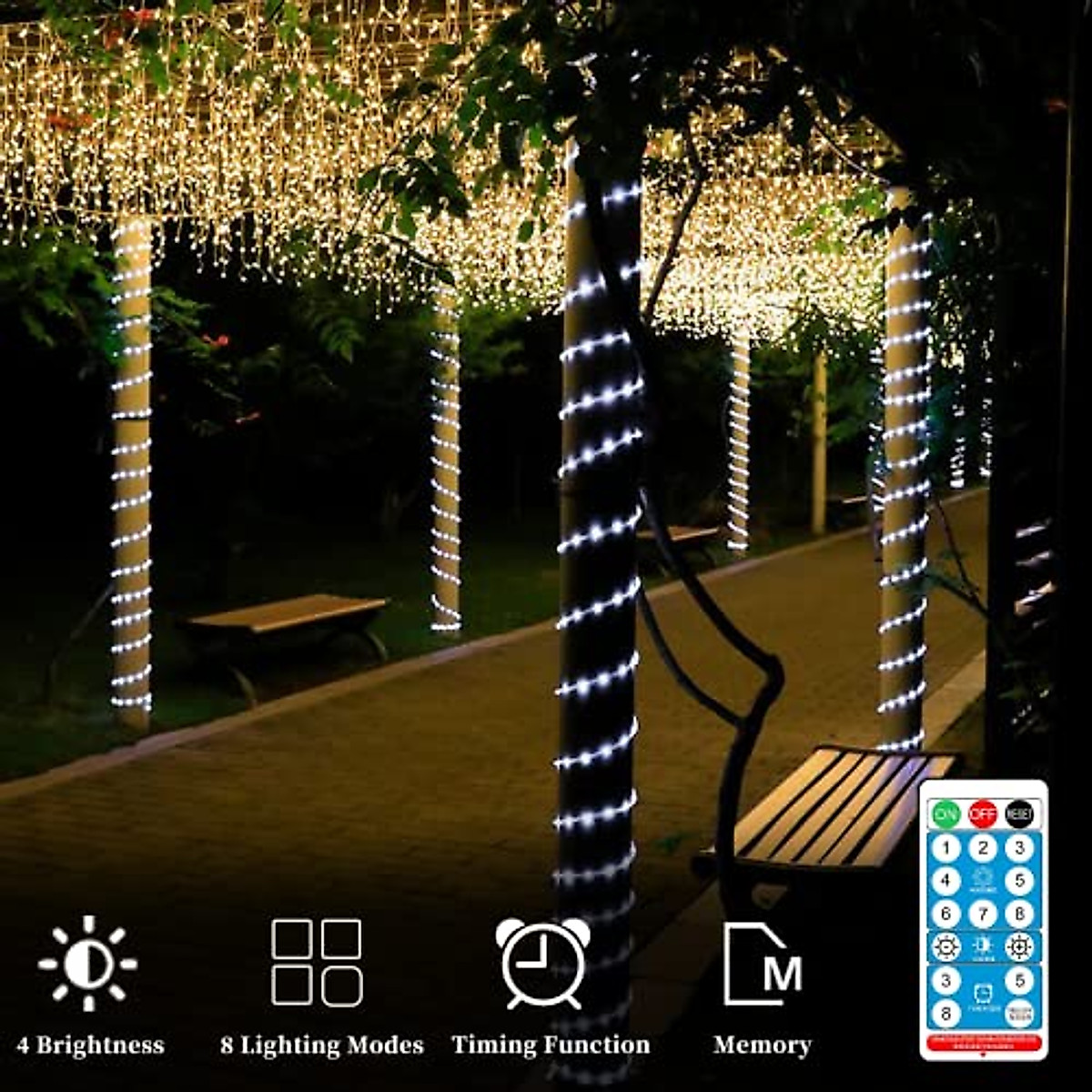 Solar Outdoor Rope Lights, 66ft 200leds Solar Powered Rope Lights Outdoor, 8 Modes Dimmable/Timer Remote String Light 3.7V/1200mAh Rope Solar Lights Outdoor Waterproof for Garden Decor, White