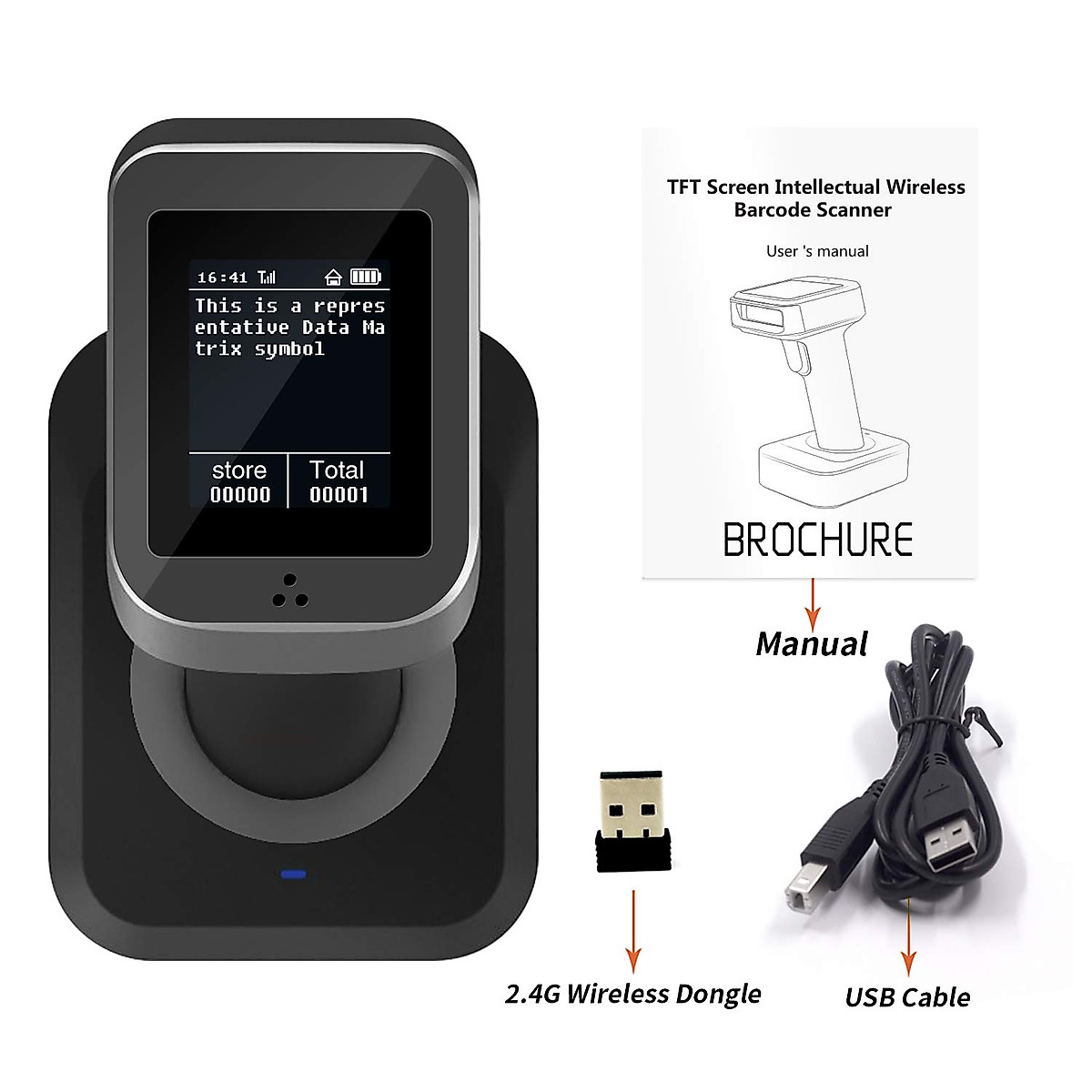 Symcode 2D QR Bluetooth Barcode Scanner with Screen Display with Charging Base,3 in 1 Compatible with Bluetooth & 2.4GHz Wireless & Wired Connection with 1.8 inch TFT Color LCD Screen