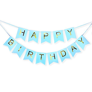 Blue Happy Birthday Banner, Shimmering Gold Letters, Happy Birthday Bunting Banner for Party Decorations, Swallowtail Flag Happy Birthday Sign for Kids Boys Adults Birthday
