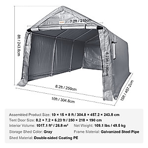 VEVOR Outdoor Portable Storage Shelter Shed, 10x15x8ft Heavy Duty Instant Garage Tent Canopy Carport with Roll-up Zipper Door and Ventilated Windows for Cars, Motorcycle, Bike, Garden Tools