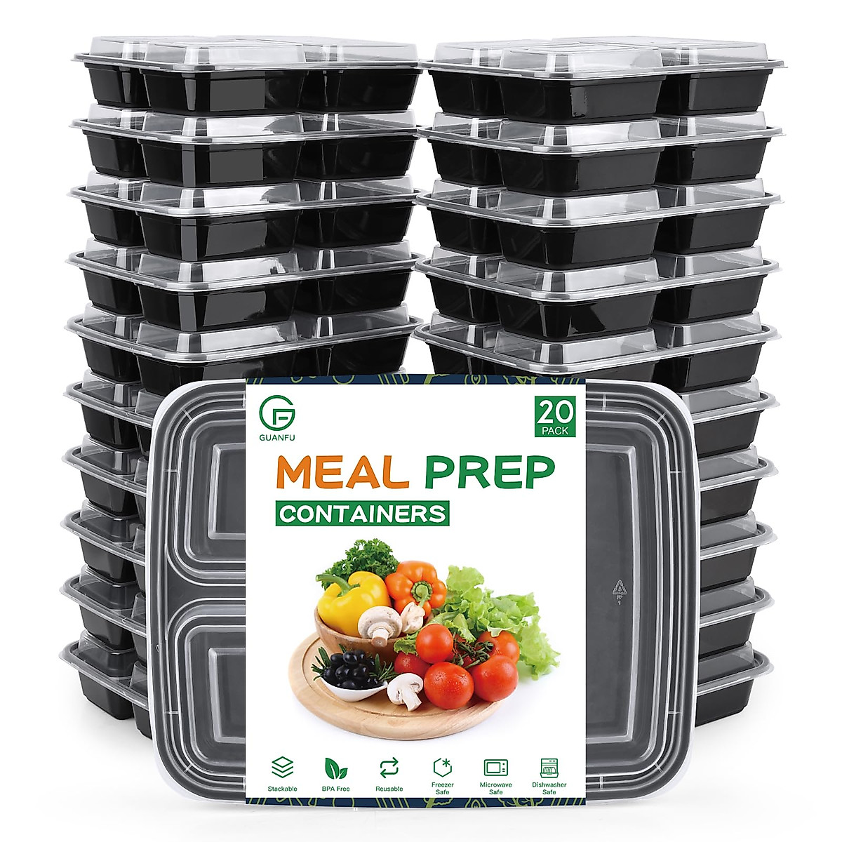 GUANFU [20 Pack] 34oz Meal Prep Container 3 Compartment, Reusable BPA Free Plastic Food Prep Containers with Airtight Lids, Microwave, Freezer & Dishwasher Safe Disposable Bento Boxes