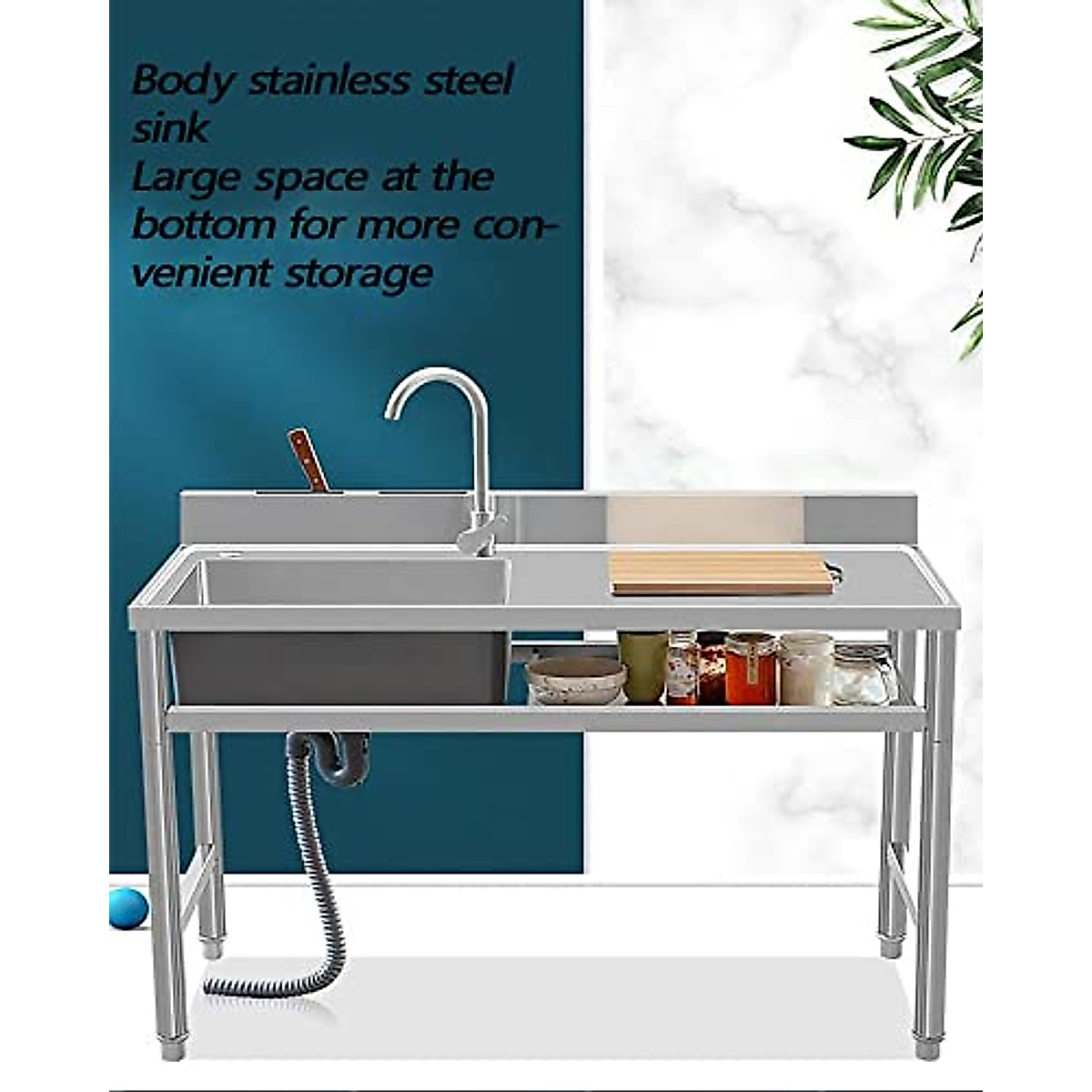 Free Standing Portable Utility Sink Stainless Steel Free-standing Kitchen Sink Commercial Restaurant Sink Utility Sink w/Workbench & Storage, Faucet & Drainboard 120x50x80cm/47.2x19.7x31.5in Left