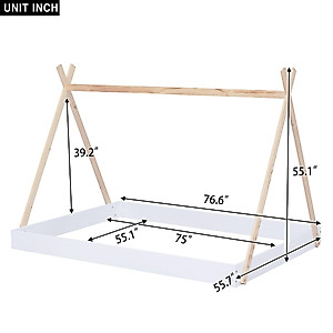 Full Size Teepee Bed for Kids,Tent Floor Bed Frame with Triangle Structure,Montessori Floor Bed for Girls Boys(Full,White)