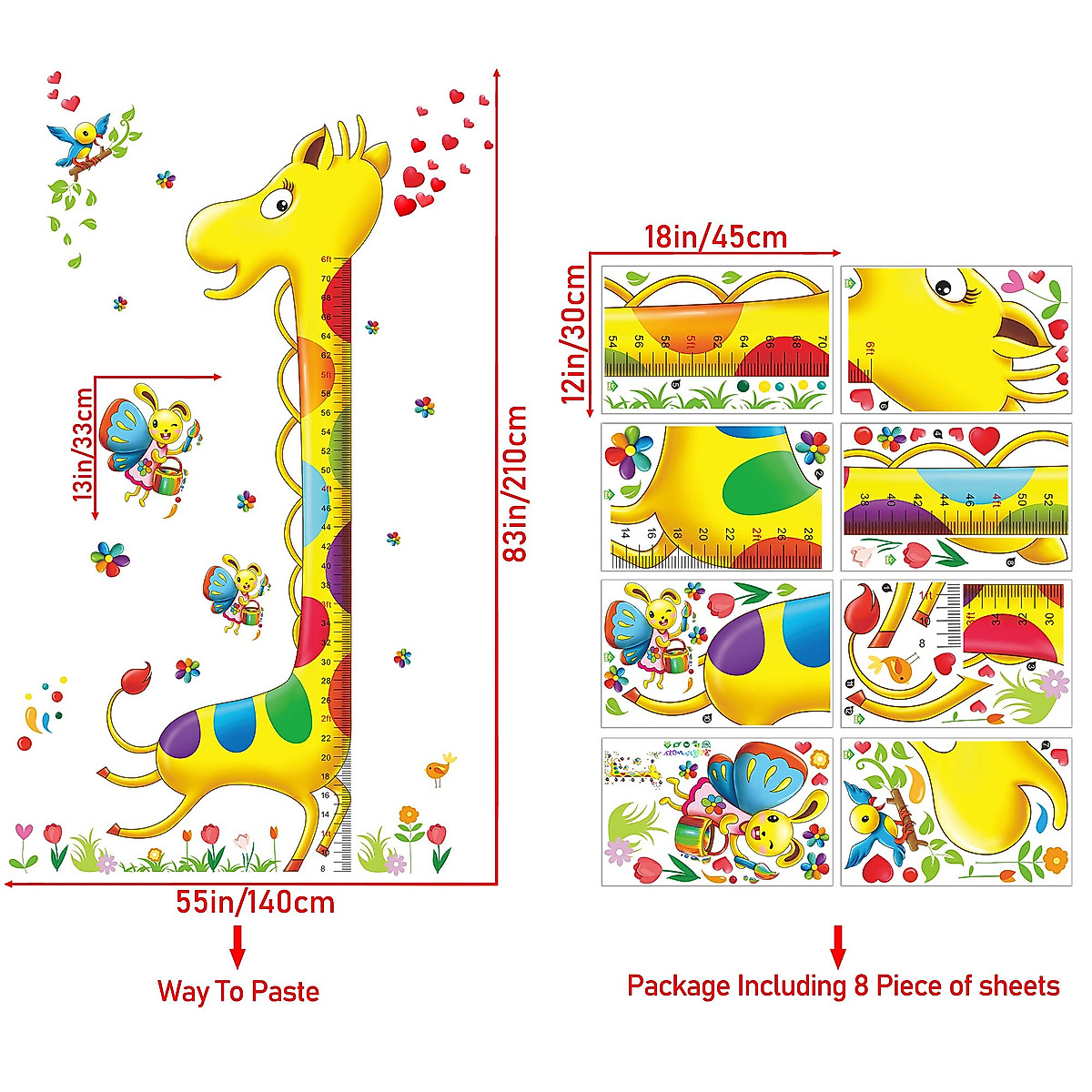 Animals Rainbow Giraffe Height Chart Wall Stickers Inches Kids Measure Height Growth Wall Decals Removable for Nursery Playroom Girls Boys Children's Bedroom Decoration Ruler Measuring Range 8in-6ft