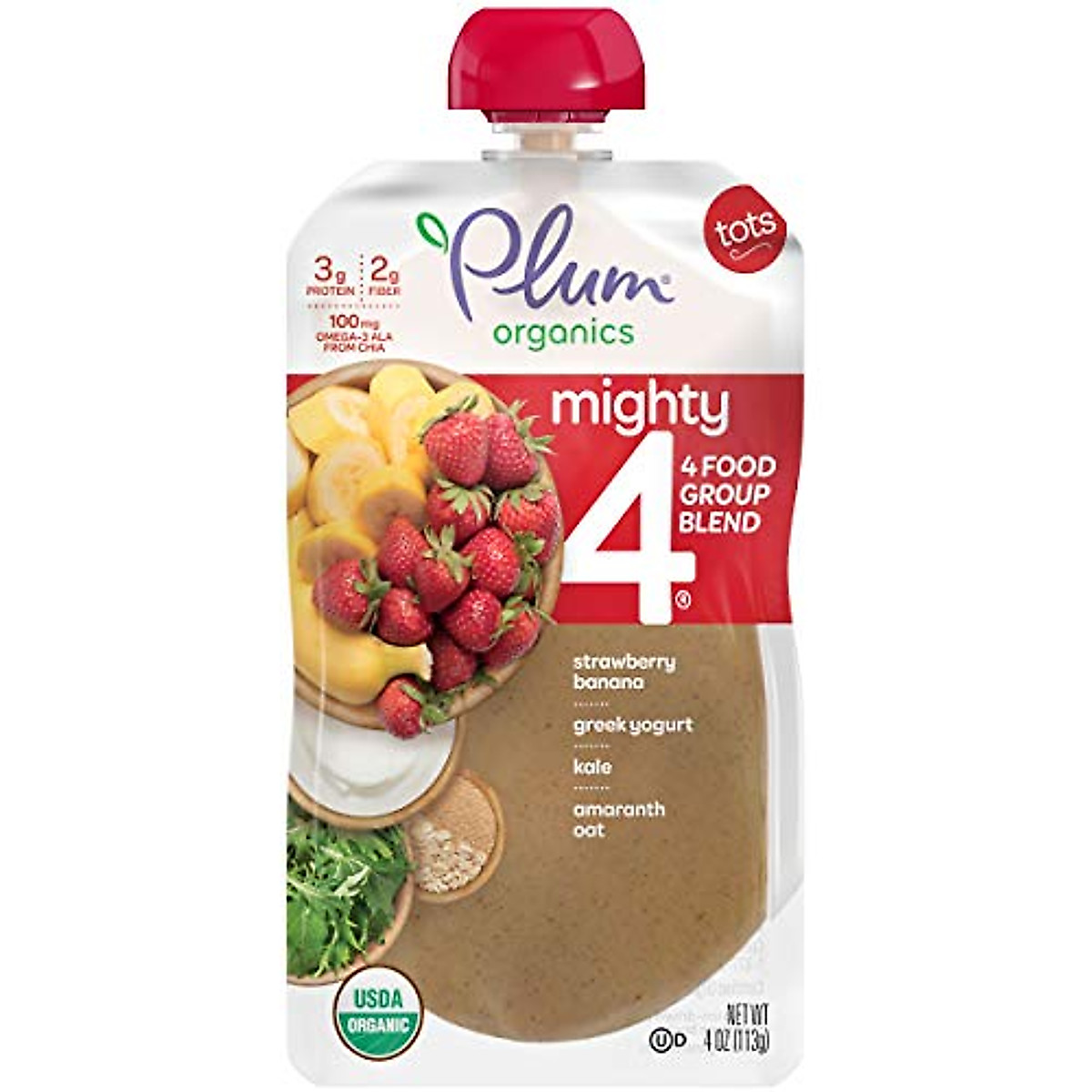 Plum Organics Mighty 4 Blends Strawberry Banana, Greek Yogurt, Kale, Oat & Amaranth, 4oz (Pack of 6)