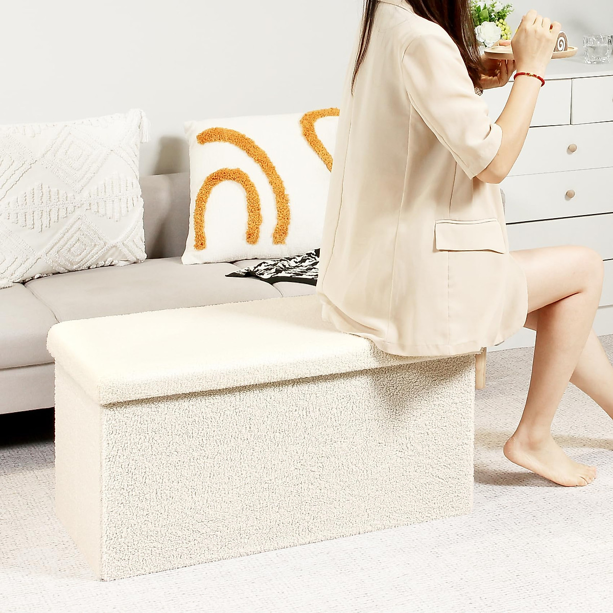 PINPLUS Folding Storage Ottoman Bench, White Upholstered Sherpa Ottoman Storage Bench, Large Storage Chest Footrest with Lids, Entryway Bench for Living Room, 31.5'' x 15.7'' x 15.7''