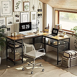 CubiCubi L Shaped Desk with Storage, 59.1 Inch Corner Computer Desk with Shelves, Home Office Workstation for Study or Working, Rustic Brown