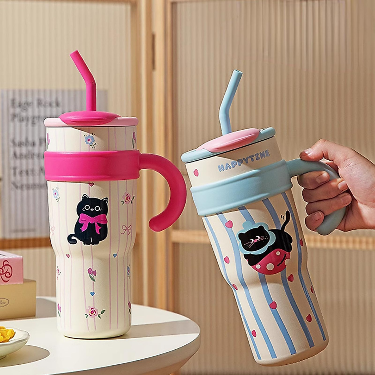 24/40 Oz Cute Dog/Cat Stainless Steel Vacuum Insulated Tumbler with Lid Straw Handle, Cartoon Aesthetic Keep Hot/Iced Spill Proof Coffee Travel Mug (Pink,41 Oz)