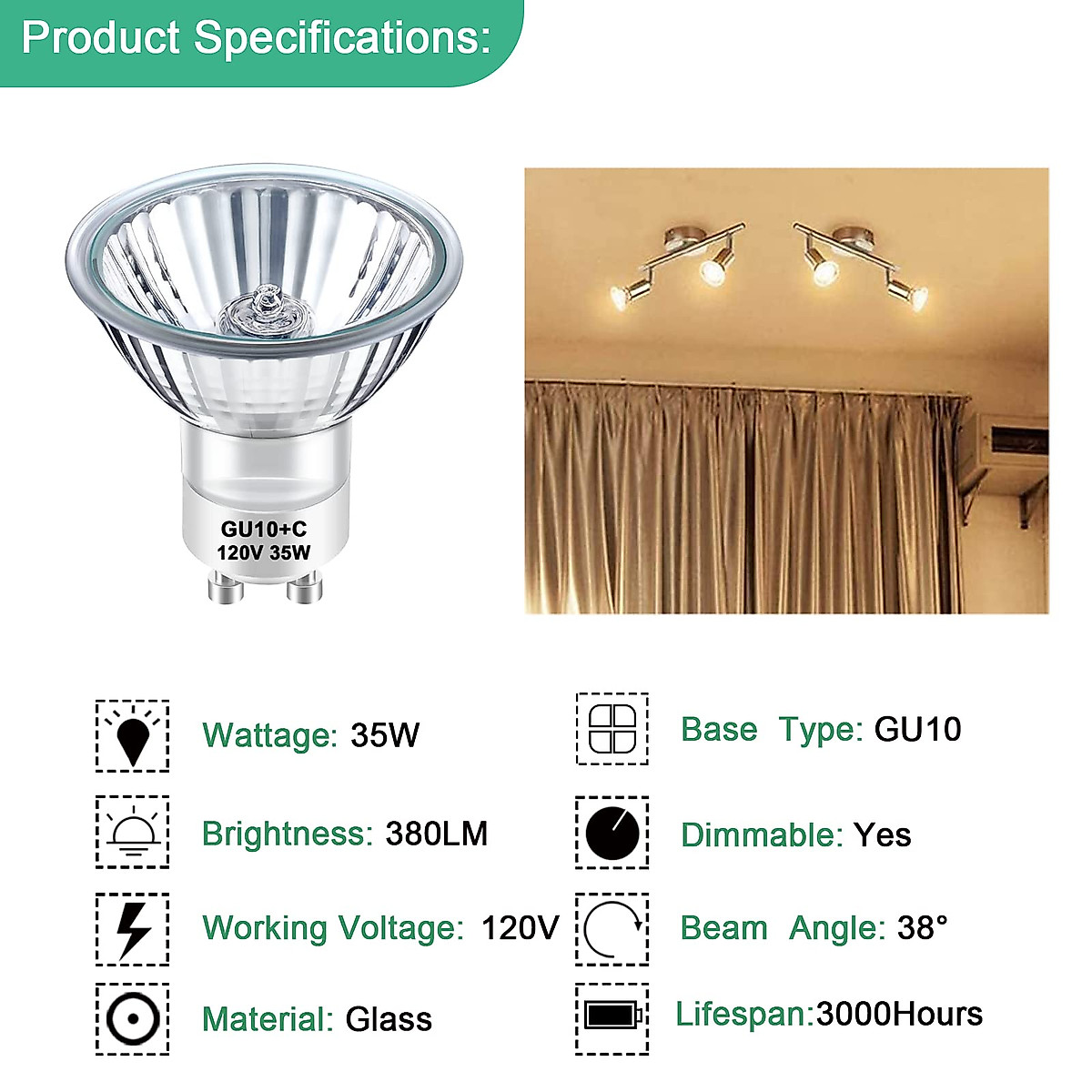 TAIYALOO GU10 Halogen 35W Bulbs, Dimmable MR16 GU10+C 120V 35W for Track, Recessed, Candle Warmer, Range Hood Light Bulbs, 2700K Warm White, Pack of 4