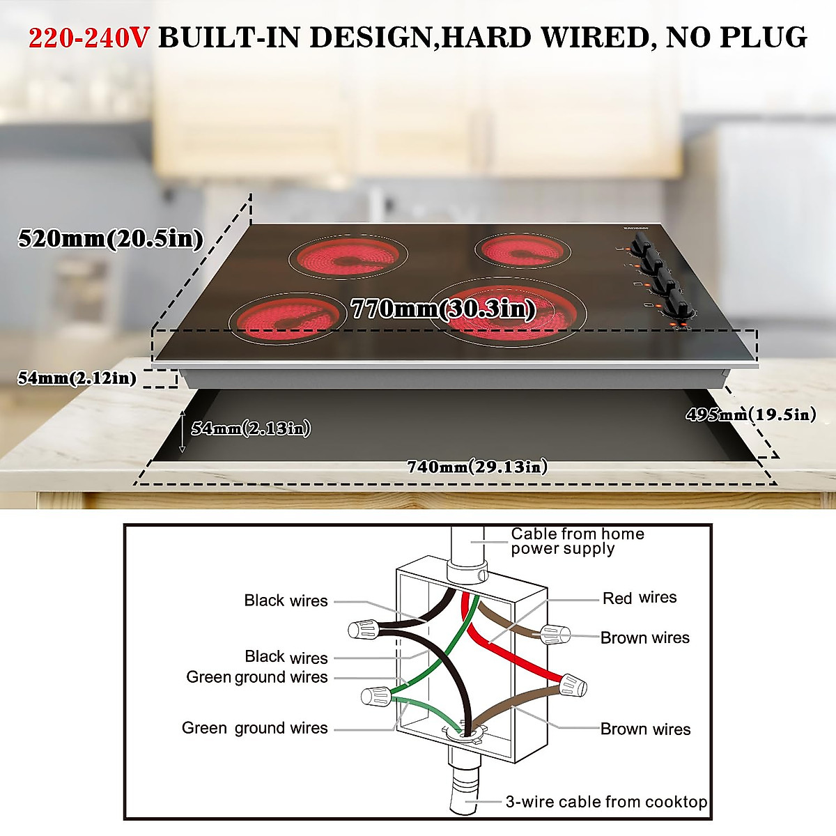 Karinear 30 Inch Electric Cooktop 4 Burners, Knob Control Built-in Ceramic Cooktop, 30" Radiant Electric Stove Top with Glass Protection Metal Frame,Hot Surface Indicator, 220-240v, Hard Wire, No Plug