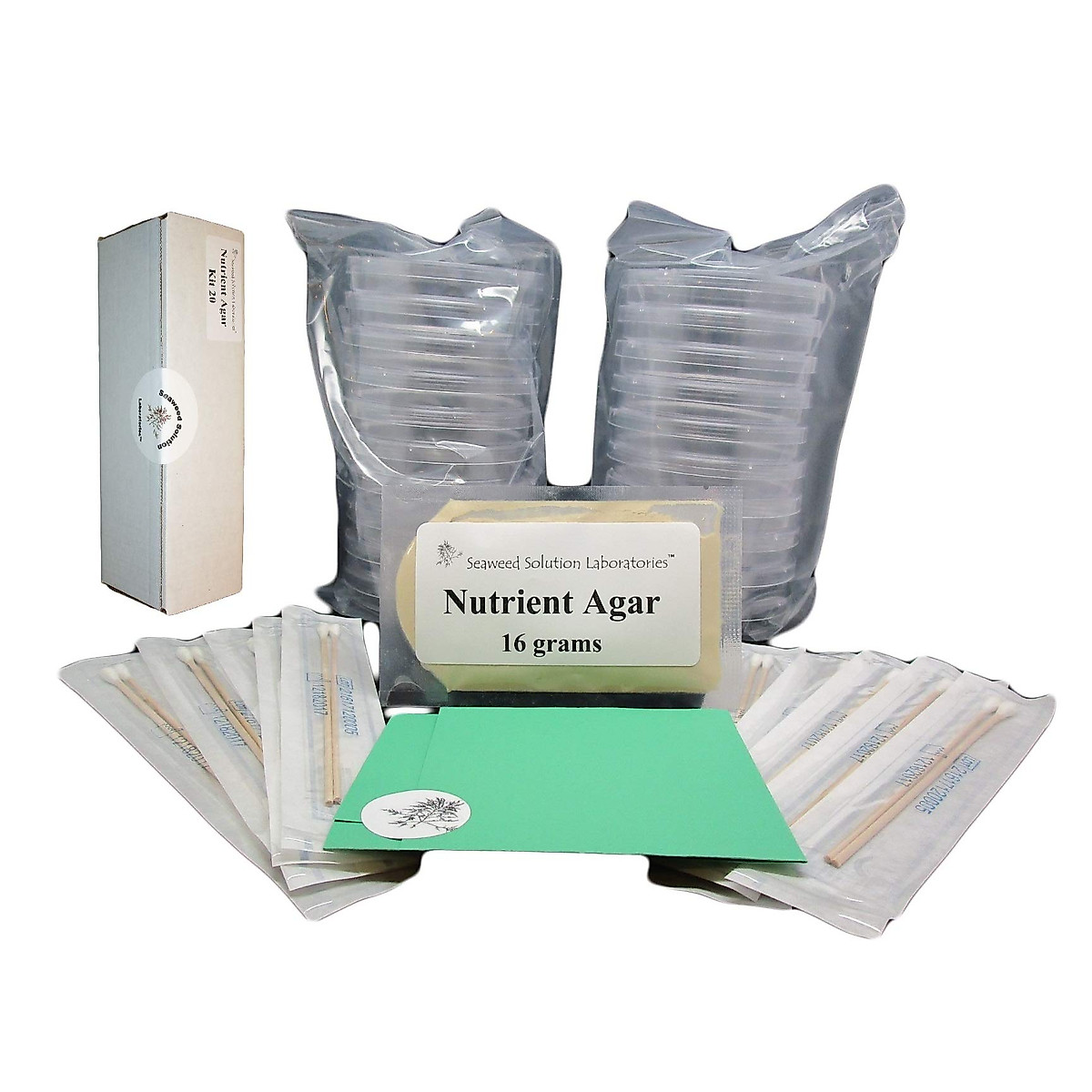Nutrient Agar Kit, Includes 20 Sterile Petri Dishes with Lids & 20 Sterile Cotton Swabs