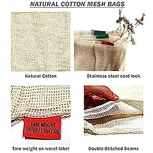 Reusable Mesh Produce Bags, Organic Cotton Eco Friendly Washable Durable Bags Set of 6pcs Drawstring Bags for Vegetable Fruit Storage Grocery Shopping Toys