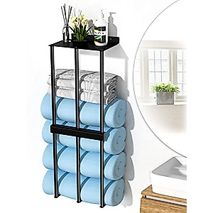Towel Rack for Bathroom, New Upgrade 3 Bar Wall Towel Racks for Rolled Towels, Towel Storage with Metal Top Shelf, Wall Mounted Bathroom Organizer (Black)