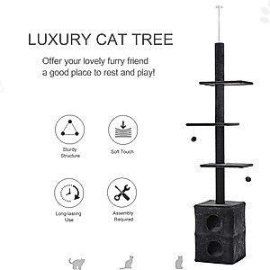 PawHut Cat Tree Floor to Ceiling Condo w/Jute Scratching Post Dangling Ball Adjustable 86.5" H -96.5" H, Grey