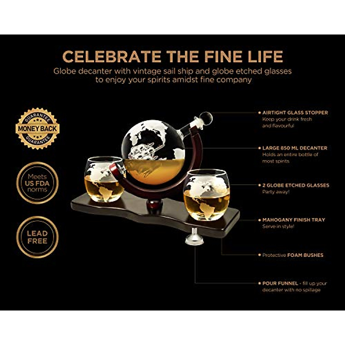 flybold Whiskey Decanter Set - Whiskey Decanter Globe Set for Men Certified Safe Great Gifts for men - Bourbon decanter Scotch Decanter Sets 28 oz Includes 2 Glasses