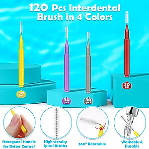 Modacraft 120Pcs Interdental Brush 4 Sizes Braces Brush Toothpicks with Soft Bristles 360° Bendable Floss Heads Dental Brushes Between Teeth Gum Braces Cleaning Kit Oral Tooth Cleaning Tool