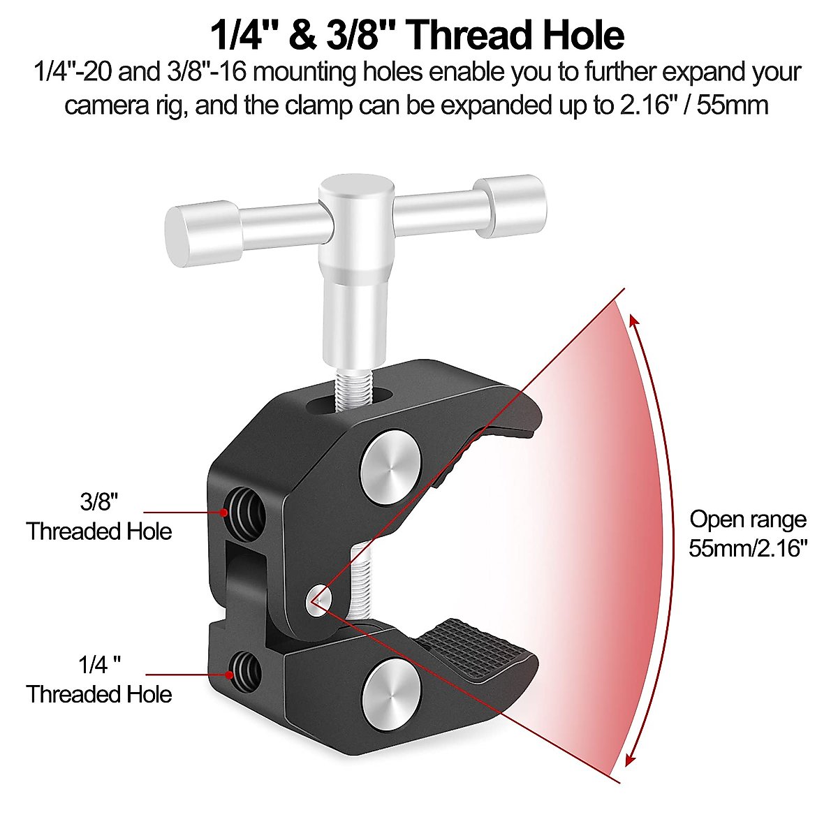 Toolour Magic Arm Camera Mounts Clamps w/ 1/4" and 3/8" Thread, 19.7” Adjustable Friction Power Articulating Arm with 2.6" Super Clamp for LCD Monitor/LED Light/Camera Video Rig/Smartphone