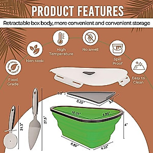 ASELUX Pizza Storage Container Collapsible - 5 Pcs Heating Tray Pizza Knife, Shovel Pizza Slice Set Organizing, Pizza Plates, Silicone Pizza Box (Green)