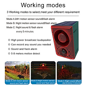 LAFEINA Solar Sound & Strobe Light Alarm Motion Detector, Gunshot & Dog Barking & Recording, Record 20S Custom Message Siren Security Alert System for Farm Barn Villa (1)