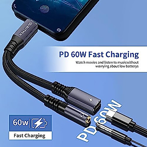 USB c Headphone Adapter,USB C to 3.5mm Headphone and Charger Adapter,USB C to AUX Mic Jack with PD 60W Fast Charging for Samsung Galaxy S20 S21 21 S22 22 iPad Pro Air 4 5 Mini 6 (2 in 1)