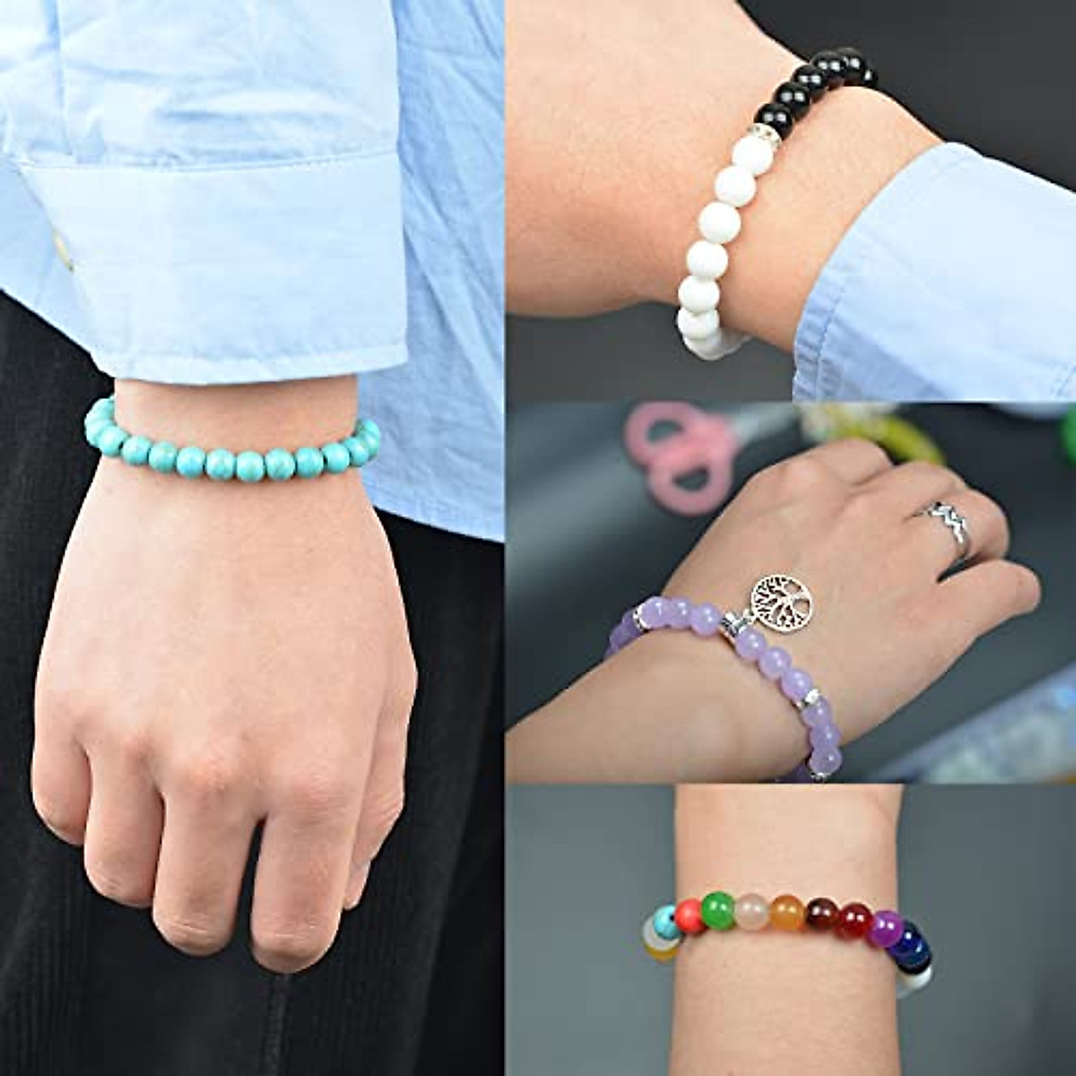 AIFNIY 570PCS Glass Beads for Jewelry Making 8mm Turquoise 24 Colors Crystal Beads Bracelet Making Kit Loose Round Gemstone Stone Spacer Chakra Energy Healing Beads Bulk DIY Crafts (Kit A)