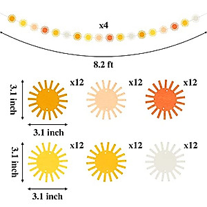 G1ngtar Boho Sun Garland Felt Artificial First Trip Around The Sun String Banner Hippie Boho Muted Sun Party Supplies Aesthetic Indoor Outdoor Party Decoration for Baby Shower Wedding, 4Pcs