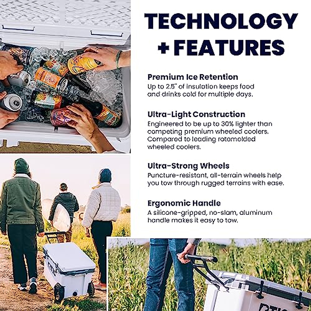 RTIC 52 Quart Ultra-Light Wheeled Hard Cooler Insulated Portable Ice Chest Box for Beach, Drink, Beverage, Camping, Picnic, Fishing, Boat, Barbecue, 30% Lighter Than Rotomolded Coolers, White & Grey