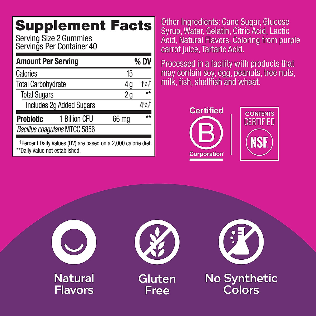 OLLY Probiotic Gummy, Immune and Digestive Support, 1 Billion CFUs, Chewable Probiotic Supplement, Berry, 40 Day Supply - 80 Count