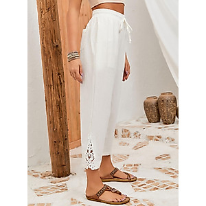 Acelitt Women Casual Linen Pants Lightweight Drawstring Elastic Waist Fall Fashion 2025 Beach Capri Pants Trousers White Large