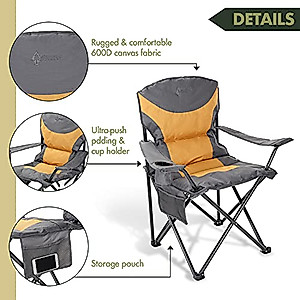 ARROWHEAD OUTDOOR Portable Folding Camping Quad Chair w/Added Ultra-Comfortable Padding, Cup-Holder, Heavy-Duty Carrying Bag, Padded Armrests, Supports up to 330lbs, USA-Based Support (Tan & Gray)