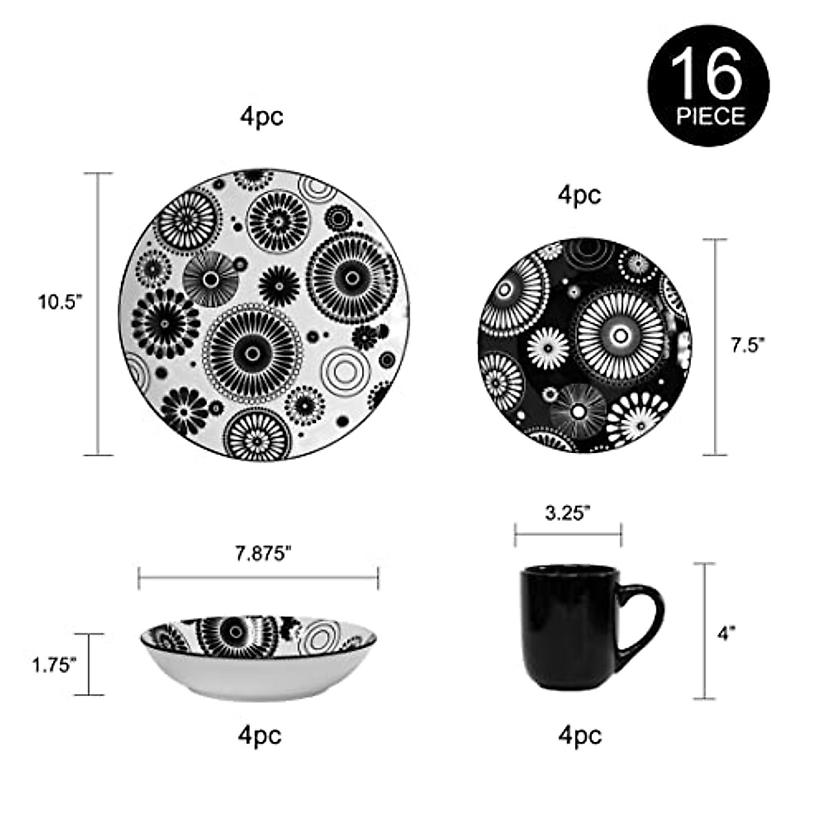 16 Pieces Dinnerware Set, Stoneware, plates and bowls sets, Service for 4, Porcelain, Decorated Mod Dot Black, Microwave Dishwasher Safe, Chip Resistant, for everyday casual kitchen and formal dinner