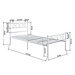 SimLife Metal Platform Bed Frame with Two Headboards Mattress Foundation/Slat Support/No Box Spring Needed, White Twin