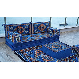 Royal Blue 8" Thickness Arabic Floor Sofa, Meditation Yoga Loveseat, Sectional Sofa, Arabic Majilis, Healing Room Floor Cushion, Sofa Covers (Sofa Full Set)