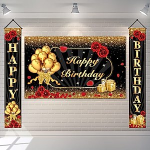Happy Birthday Decorations for Women Men, Black Gold Happy Birthday Banner Porch Signs Large Backdrops Party Decor Supplies Photography Background Flag - 3 Pcs