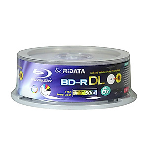 100 Pack Ridata Blu-ray BD-R DL Dual Layer 6X 50GB White Inkjet Hub Printable Recordable Blank Media Disc with Spindle Packing