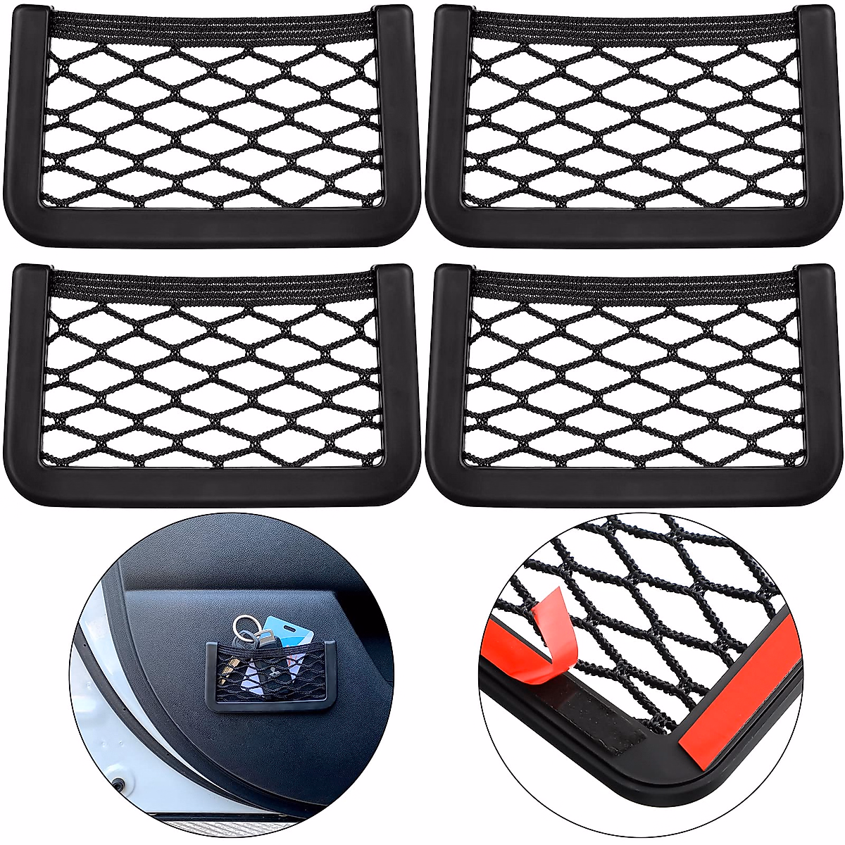 Hicarer 4 Pieces Car Storage Pocket Mesh Net Pocket Storage Back Net Mesh Car Organizer Universal String Bag Seat Side for Purse Phone Holder Organizer (6 x 3.2 Inch)