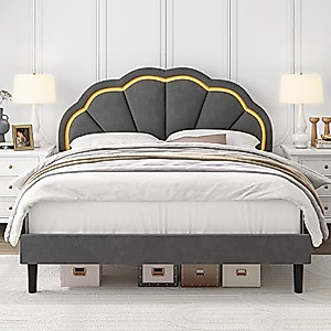 HIFIT Full Upholstered Smart LED Bed Frame with Adjustable Elegant Flowers Headboard, Platform Bed Frame Full Size with Wooden Slats Support, No Box Spring Needed, Easy Assembly, Grey