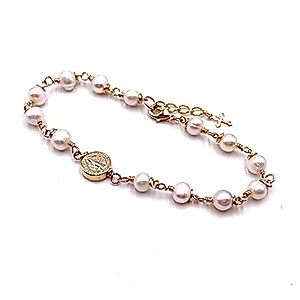 SIFRIMANIA Freshwater Cultured Pearls Catholic Image Adjustable Bracelet for Women Bride Jewerly (Saint Benedict Medal)