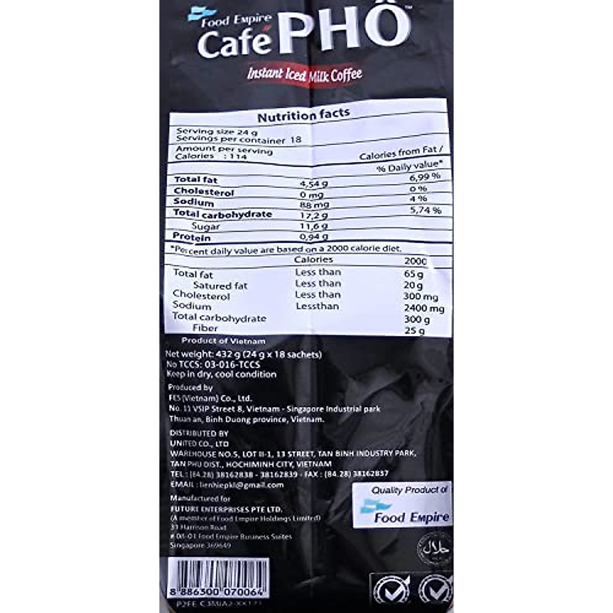 Cafe Pho Vietnamese 3in1 Instant Coffee Mix, Iced Milk Coffee, Cafe Sua Da, Single Serve Coffee Packets, Bag of 18 Sachets, Pack of 1-15 Months Shelf Life