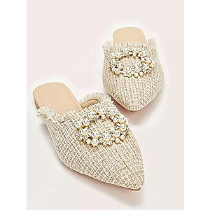 WDIRARA Women's Pointed Toe Flat Mules Slip On Faux Peals Raw Trim Loafer Slides Beige EUR39