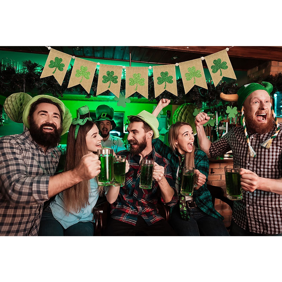 Whaline St. Patrick's Day Banner with Wooden Beads Glitter Green Shamrock Garland Burlap Banner Pre-Assembled Wooden Beads Clover Banner Fireplace Wall Hanging for Party Home Decoration